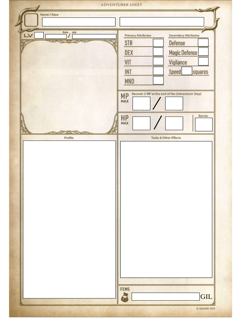 Form Fillable Adventurer Sheet 0.1 | PDF