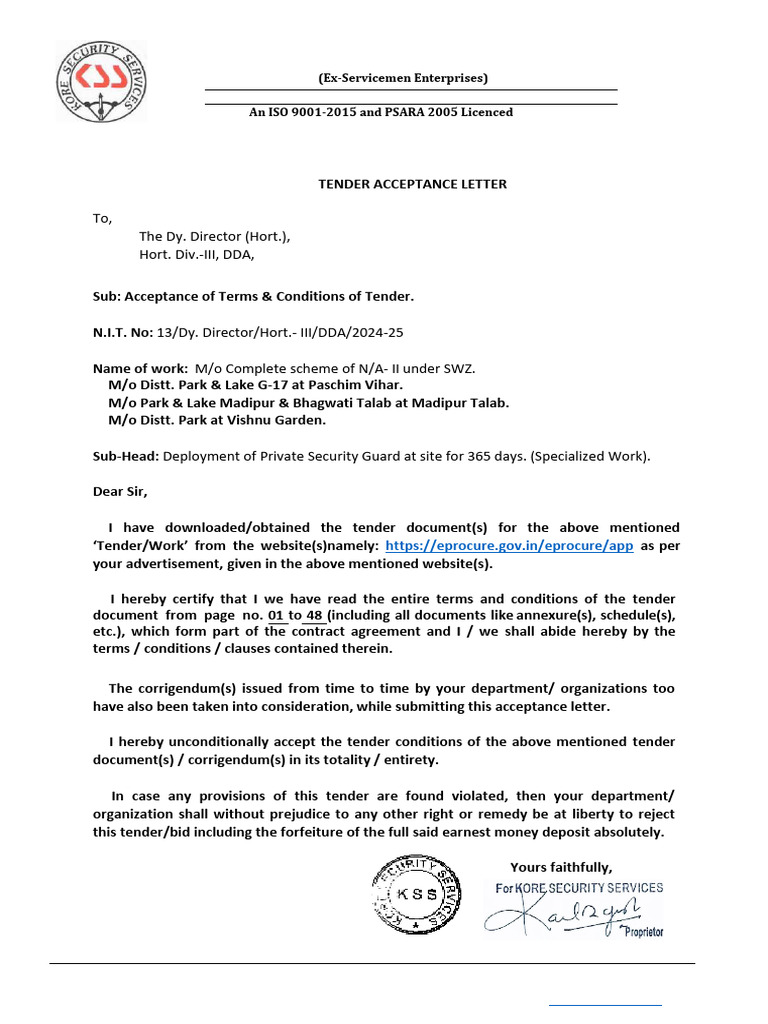 01 Tender Acceptance Letter | PDF | Value Added Tax
