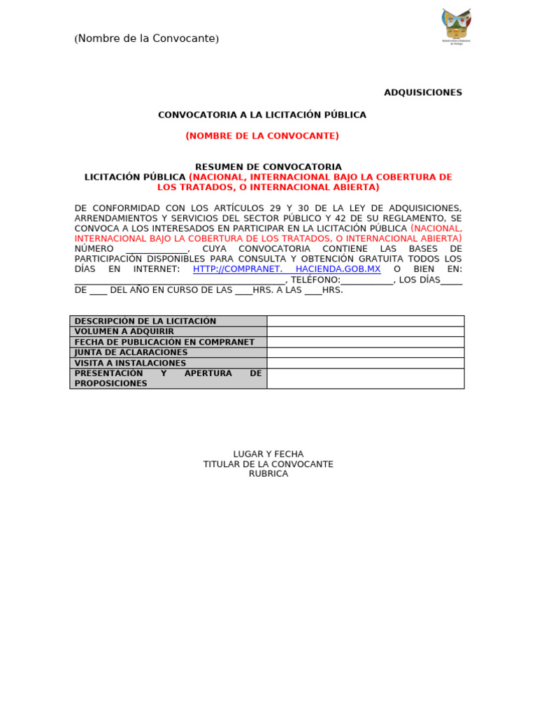 Convocatoria Lic Adq Federal 2024 | PDF