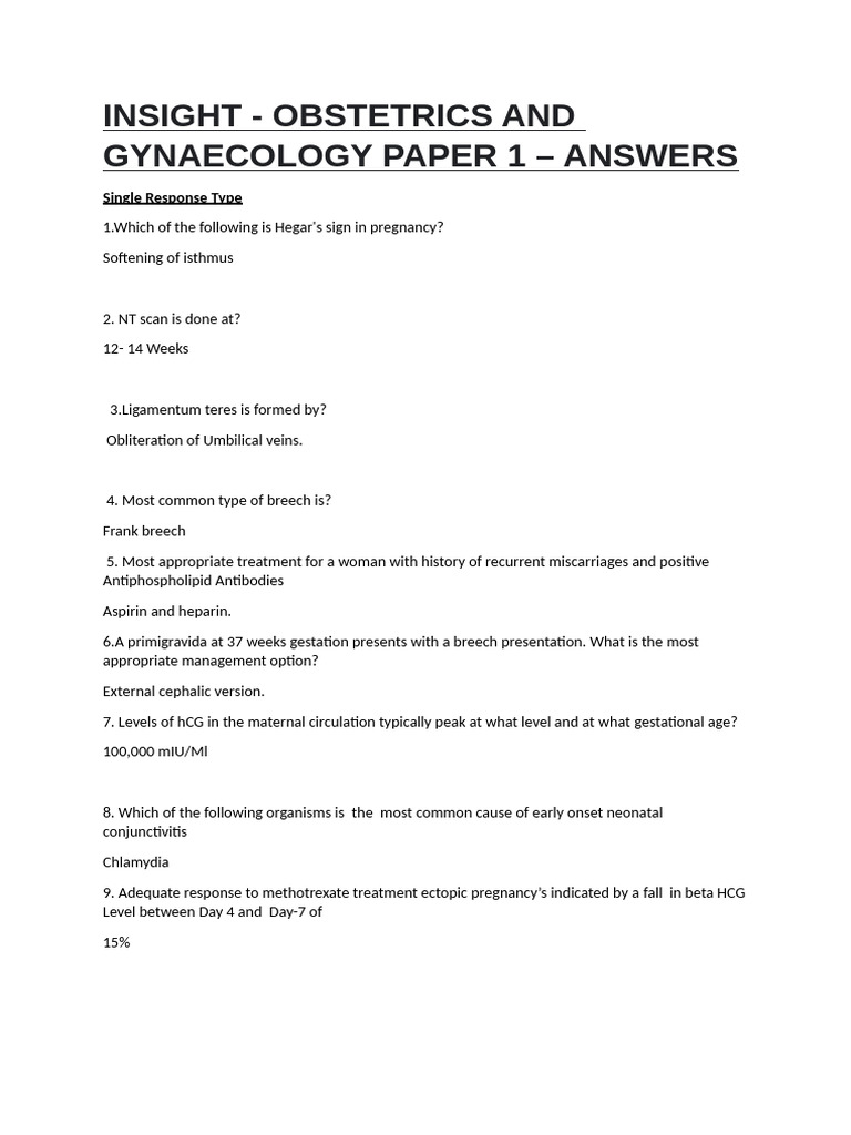 Insight - Obstetrics and Gynaecology Paper 1 Answers | PDF | Childbirth ...