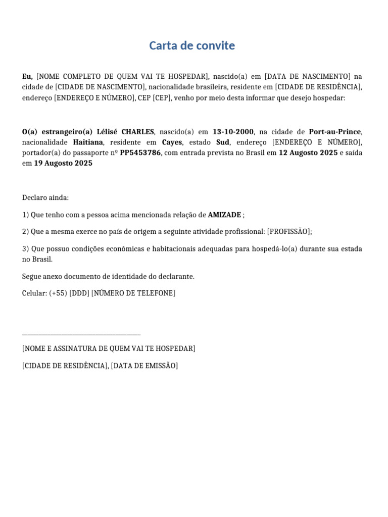 Carta de Convite para Hospedagem no Brasil | PDF