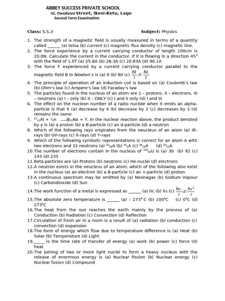 S.S.3 Physics and Chemistry Exam Questions | PDF | Nuclear Physics ...
