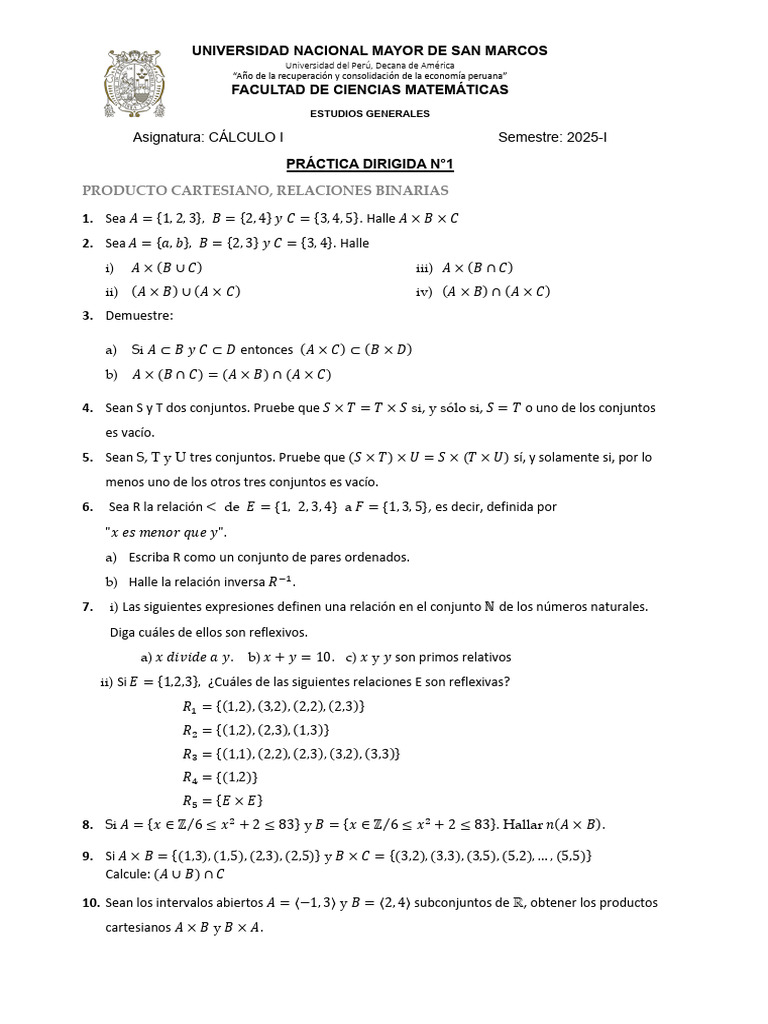 PD N - 1 Calculo I 2025-I | PDF | Matemáticas