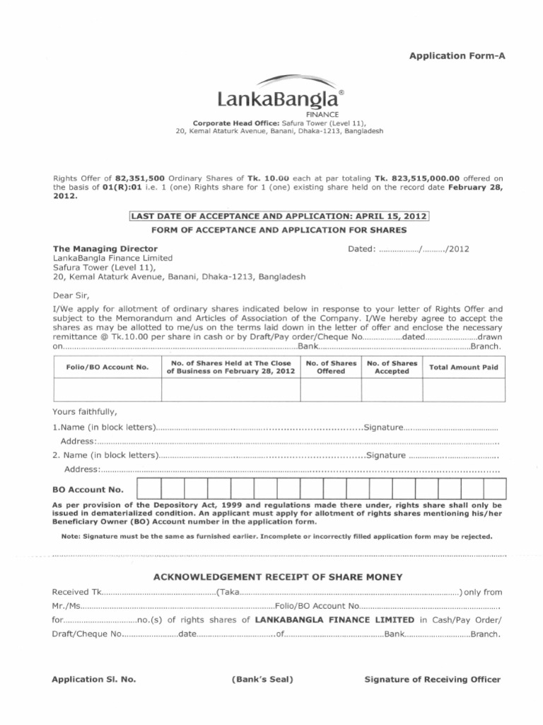 Rights Share Application Form la | Cheque | Banking