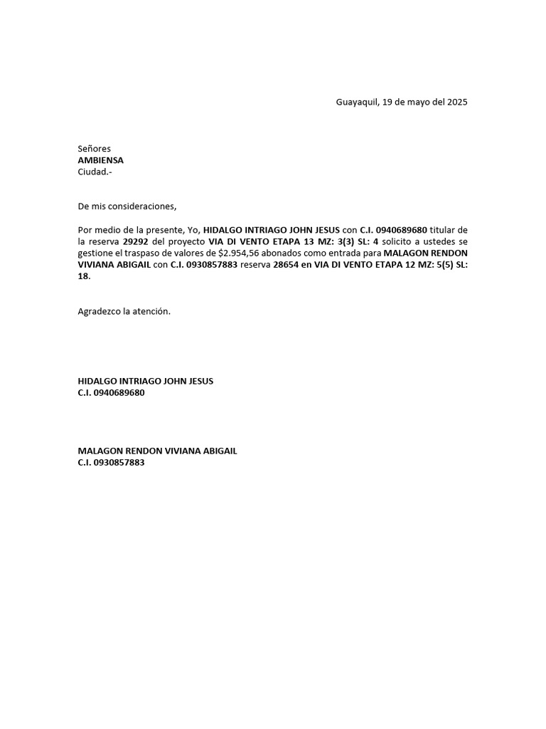 Solicitud Traspaso de Valores Hidalgo Intriago John Jesus | PDF