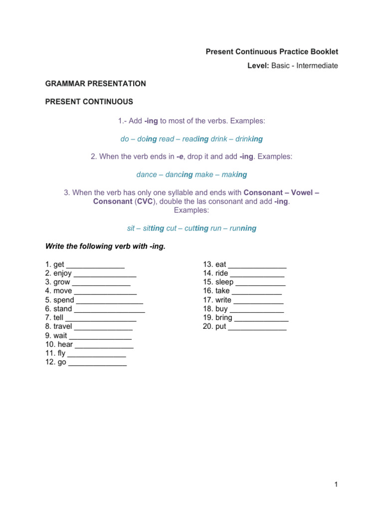Present Continuous Grammar Exercises | PDF | Consonant