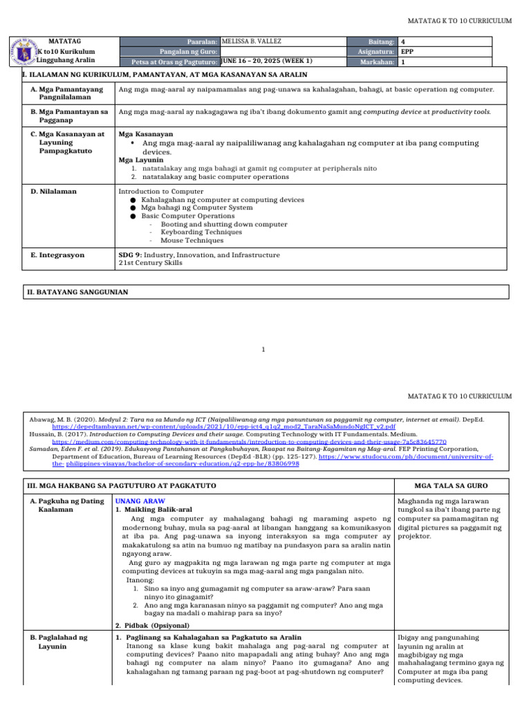 DLL Matatag - Epp 4 q1 w1 | PDF