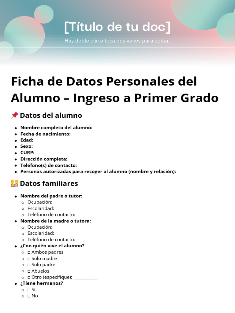 Ficha de Datos Personales del Alumno | PDF | Educación de la primera ...