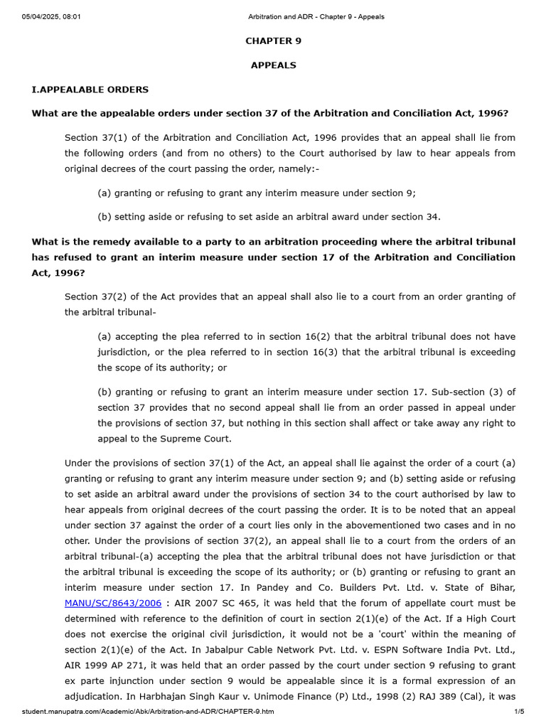 Arbitration and ADR - Chapter 9 - Appeals | PDF | Arbitral Tribunal | Alternative Dispute Resolution