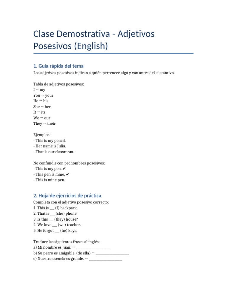 Clase Adjetivos Posesivos Materiales | PDF