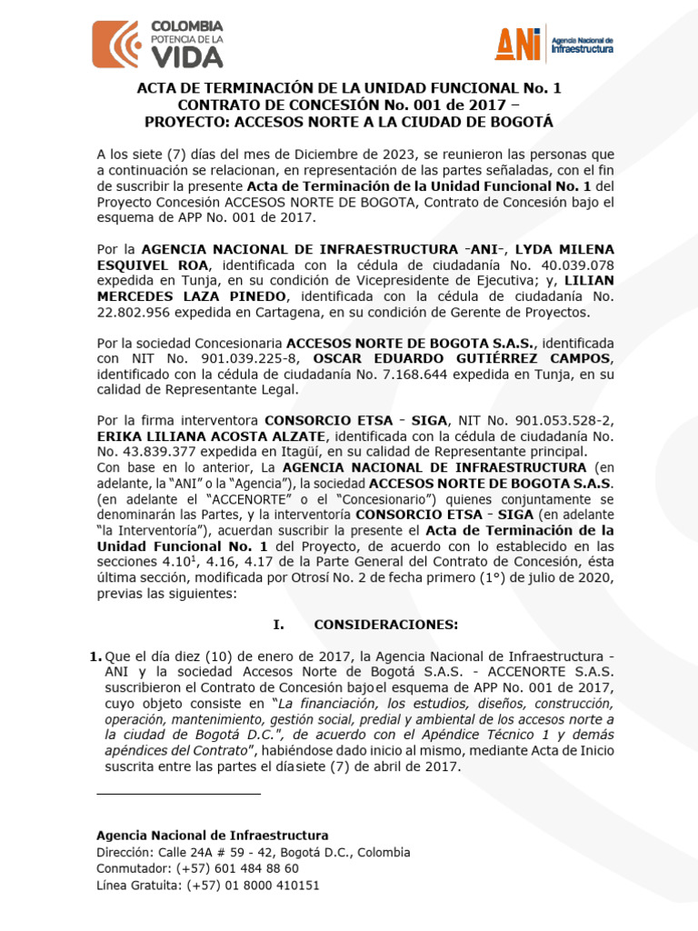 Acta Terminacion Uf 1 Accenorte 1-1 Dic 2023 | PDF | Bogotá | Colombia