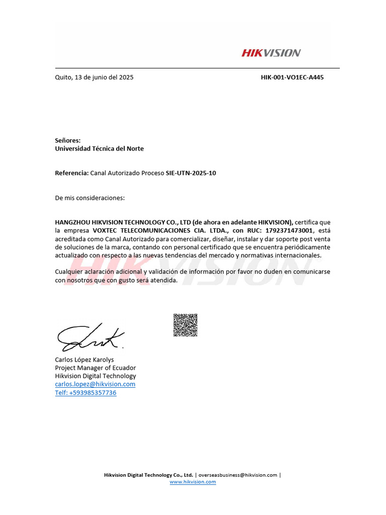 9-6-10 - CERTIFICADO CANAL AUTORIZADO HIKVISION VOXTEC-signed | PDF