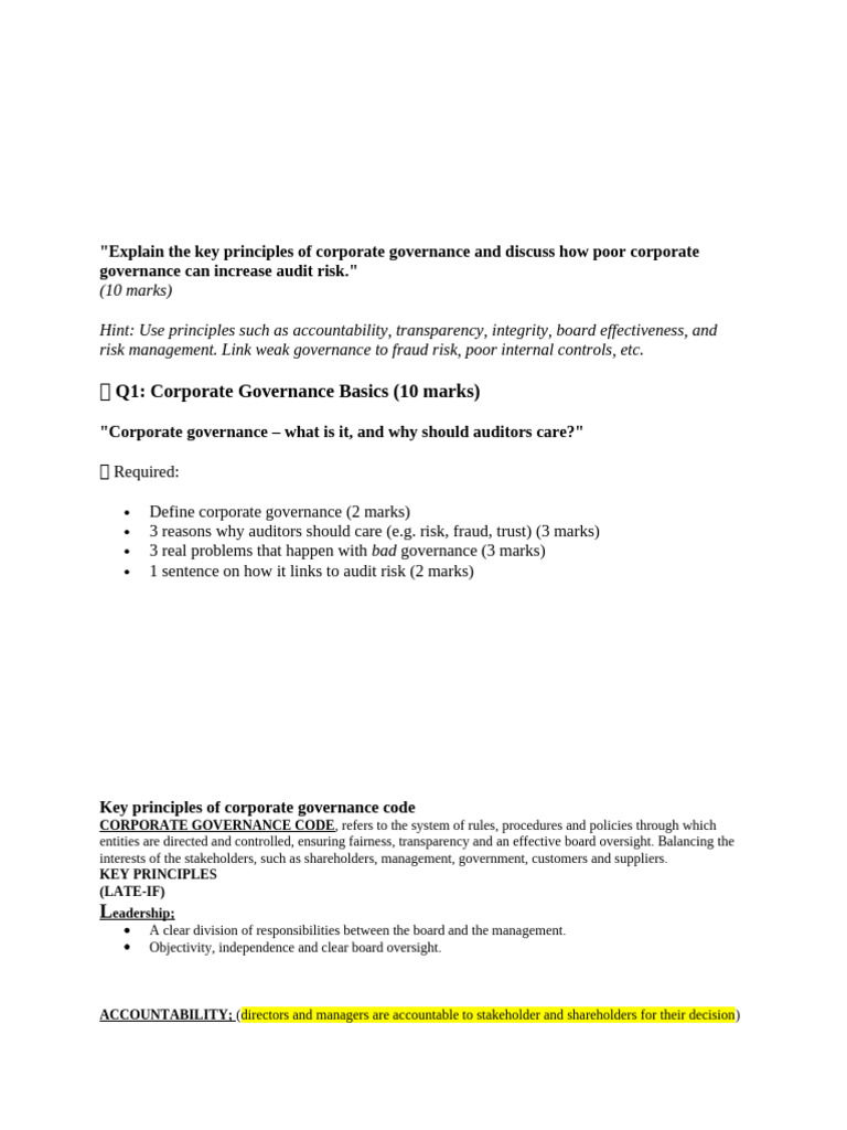 Corporate Governance Principles & Audit Risks | PDF | Corporate ...