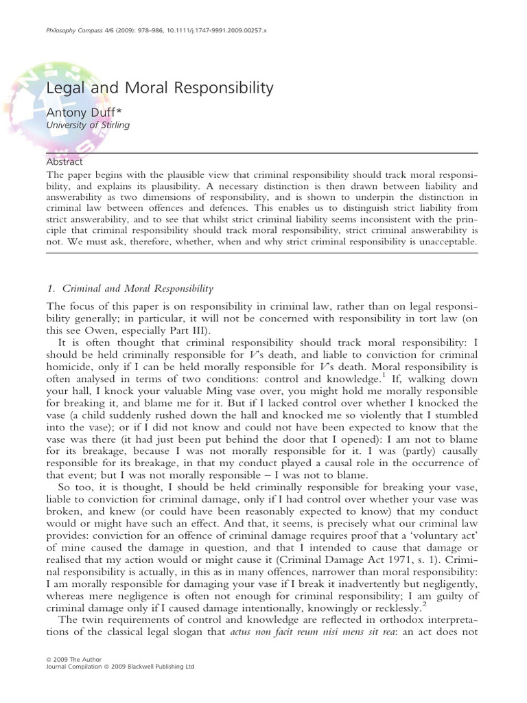 Chapter8 Duff - Legal and Moral Responsibility | PDF | Mens Rea | Burden Of Proof (Law)