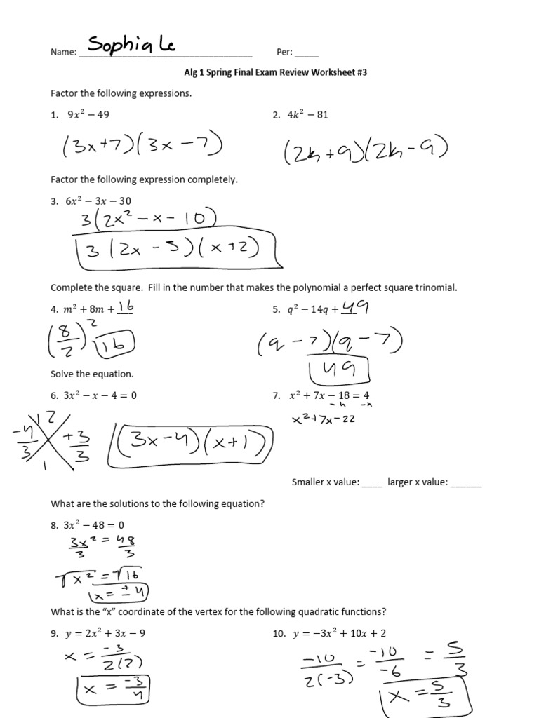 Spring Final Review Worksheet #3 | PDF