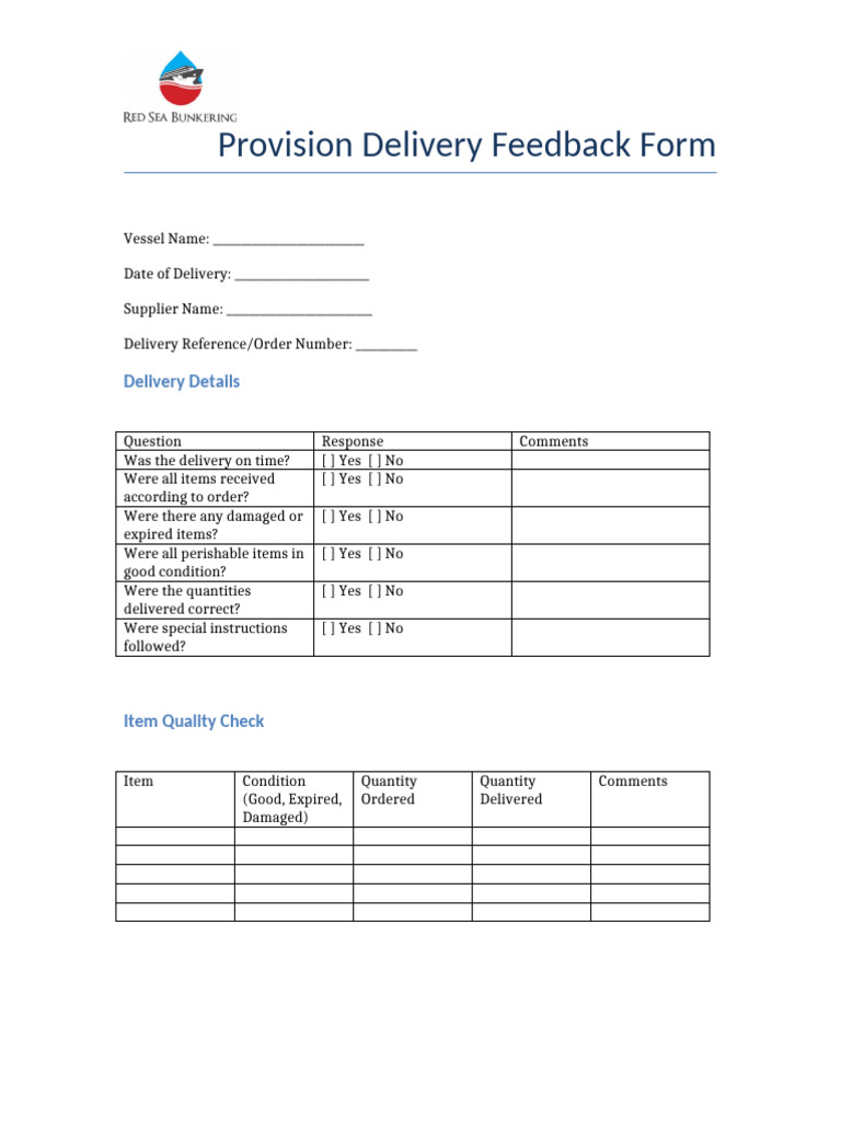 Provision Delivery Feedback Form With Logo Complete | PDF