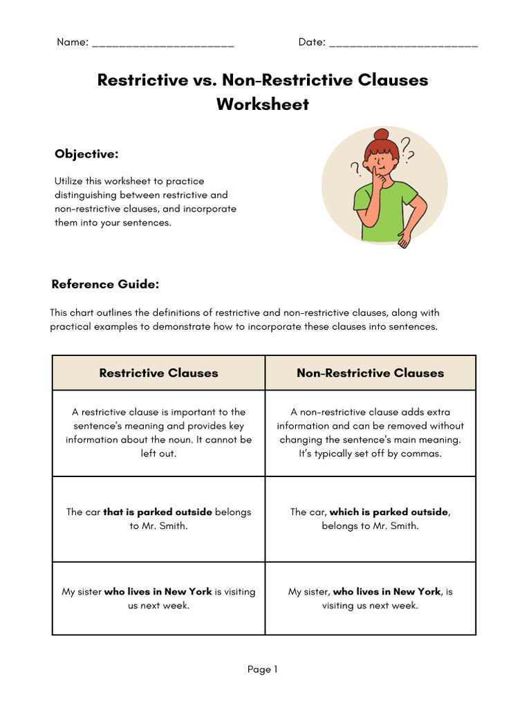 Restrictive vs Non-Restrictive Clauses Worksheet | PDF | Clause ...
