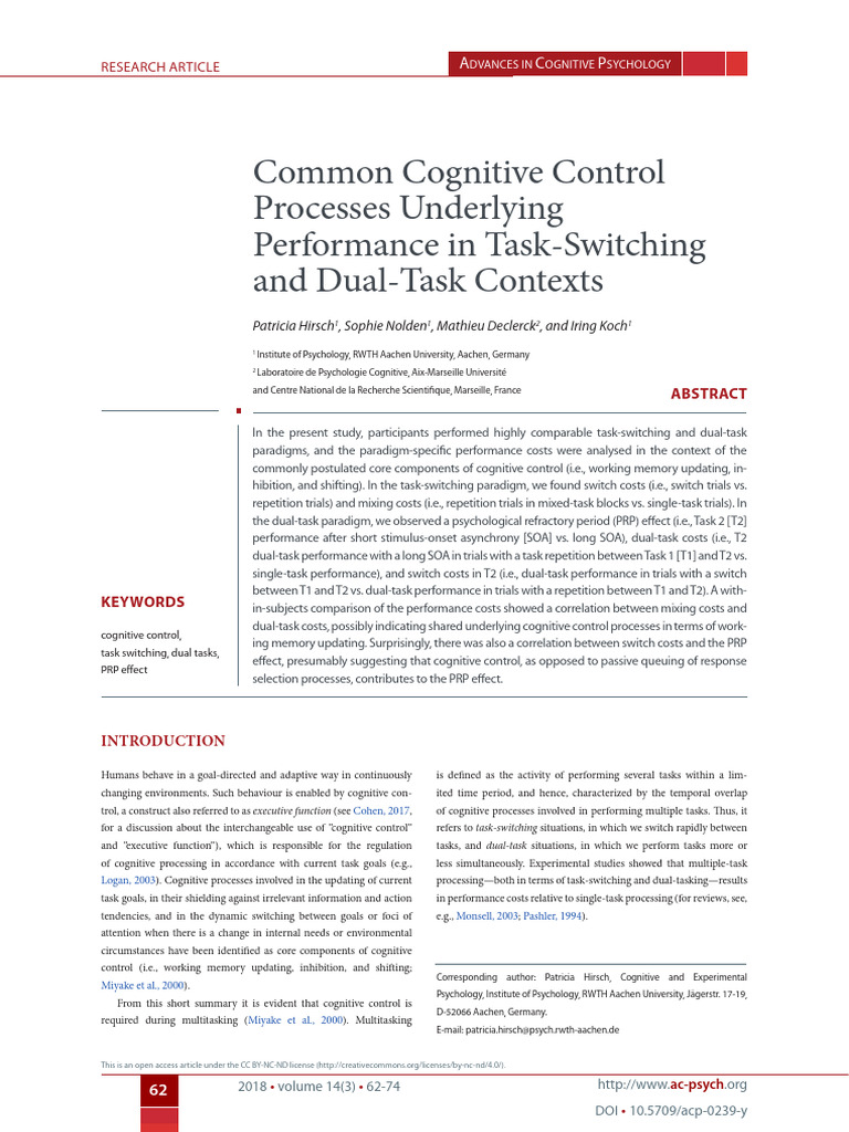 Common Cognitive Control Underlying Task Switching | PDF | Executive Functions | Behavioural ...