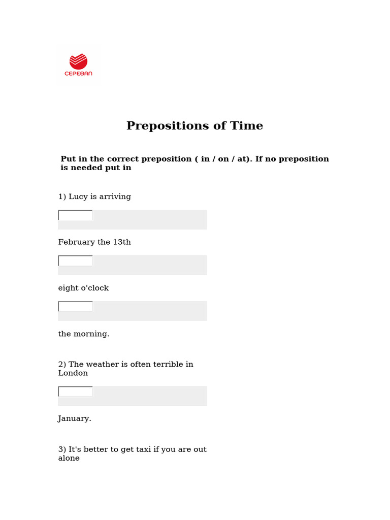 Prepositions of Time Homework | PDF