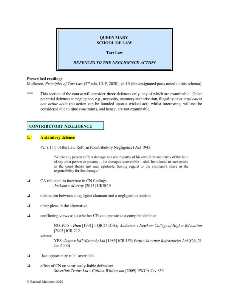 Defences Lecture Schema | PDF | Negligence | Tort