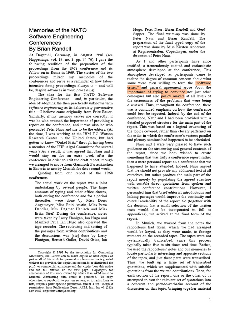 1996 Memories of The NATO Software Engineering Conferences | PDF ...