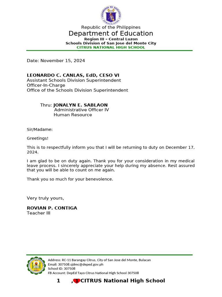 Letter of Return To Duty | PDF