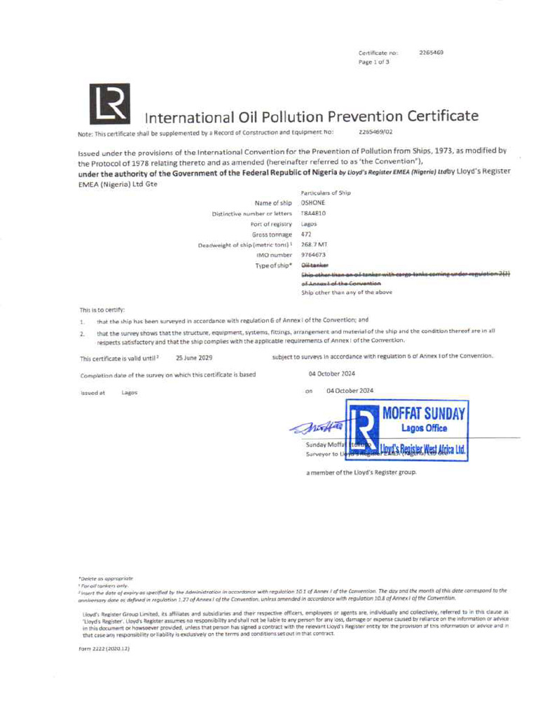 7.international Oil Pollution Prevention Certificate | PDF