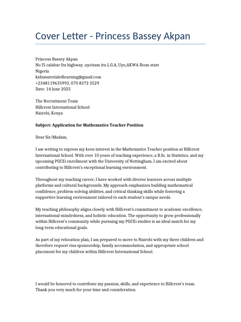 Princess Bassey Akpan Cover Letter | PDF