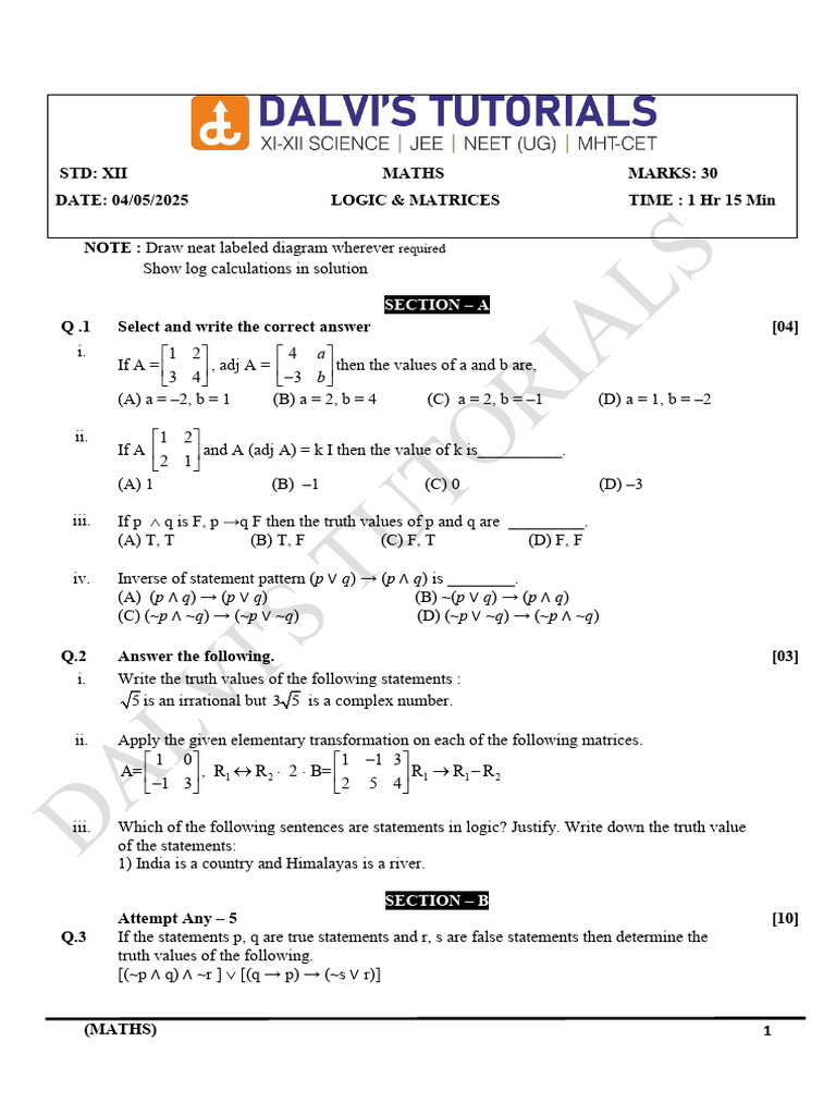 Xiith Maths Theory - Logic & Matrices | PDF | Matrix (Mathematics) | If ...