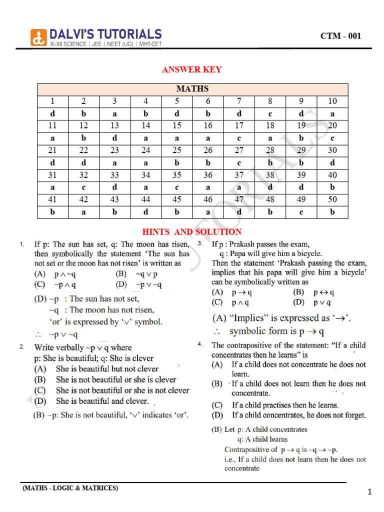 Xiith - Mht-cet - Ctm - 001 - Maths - Logic, Matrices - Hints ...