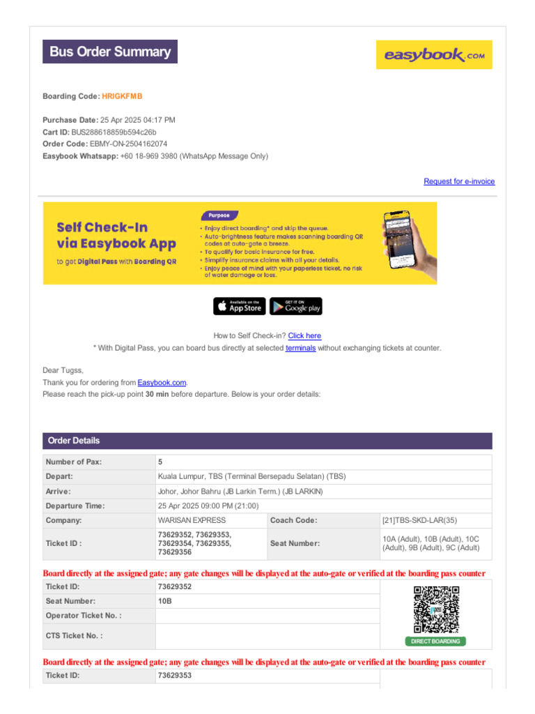 Easybook Bus Ticket Order Summary | PDF