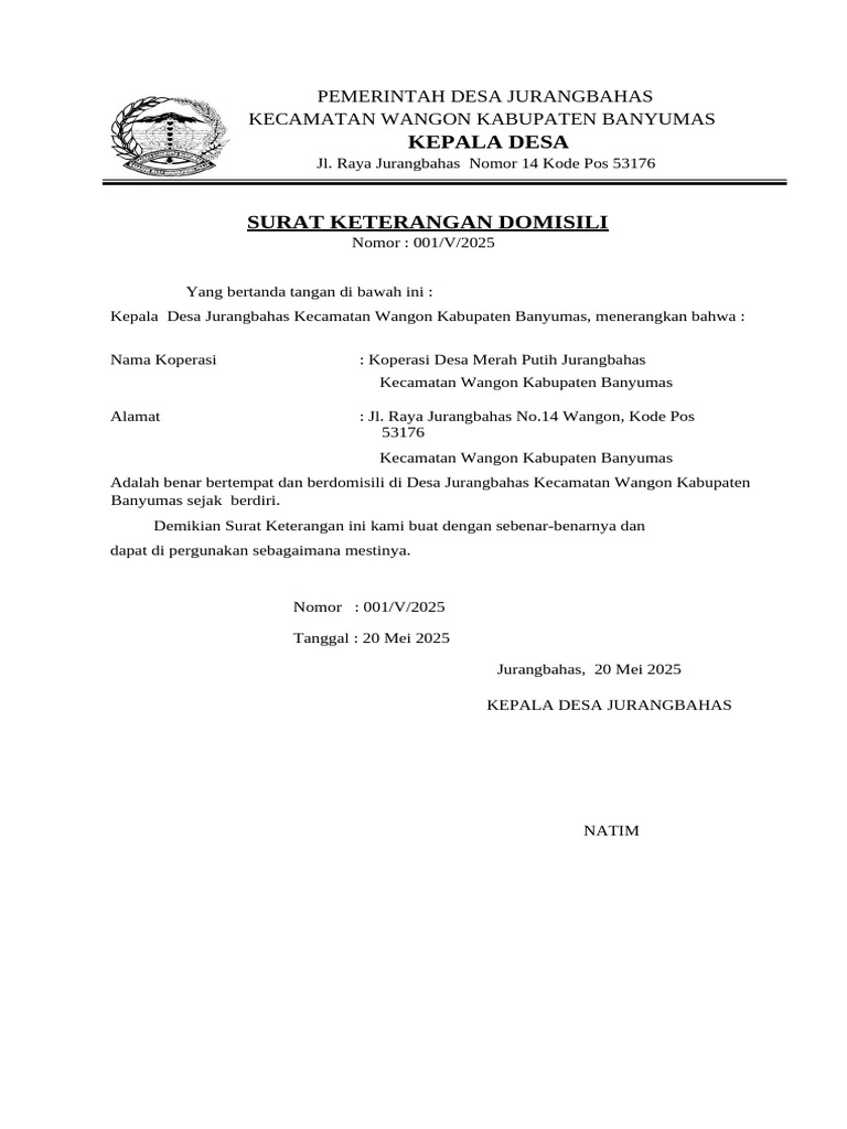 Surat Domisili Koperasi Merah Putih | PDF
