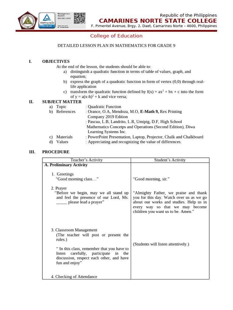 Grade 9 Quadratic Function Lesson Plan | PDF | Mathematical Objects ...