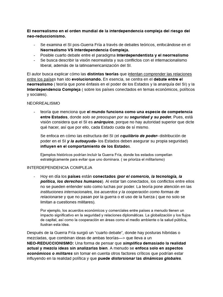 El Neorrealismo en El Orden Mundial de La Interdependencia Compleja Del ...