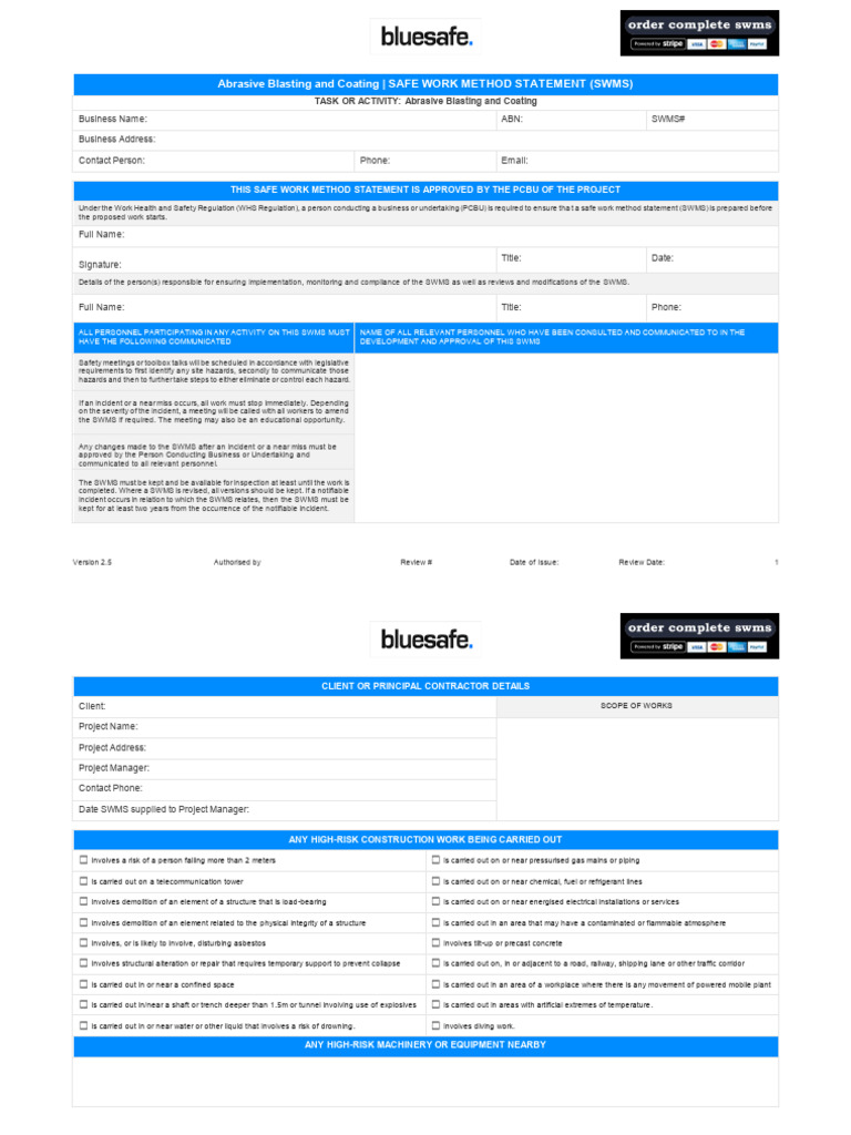Abrasive Blasting and Coating Safe Work Method Statement SWMS | PDF ...