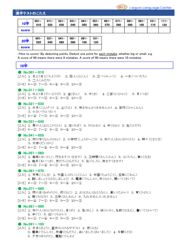 Basic Kanji 120 Test Answer A4 | PDF