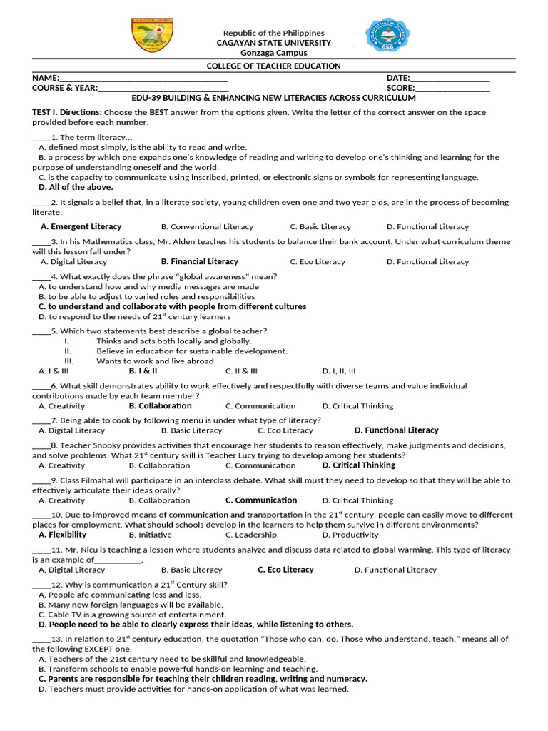 Benlac Midterm Answer Key | PDF | Literacy | Learning