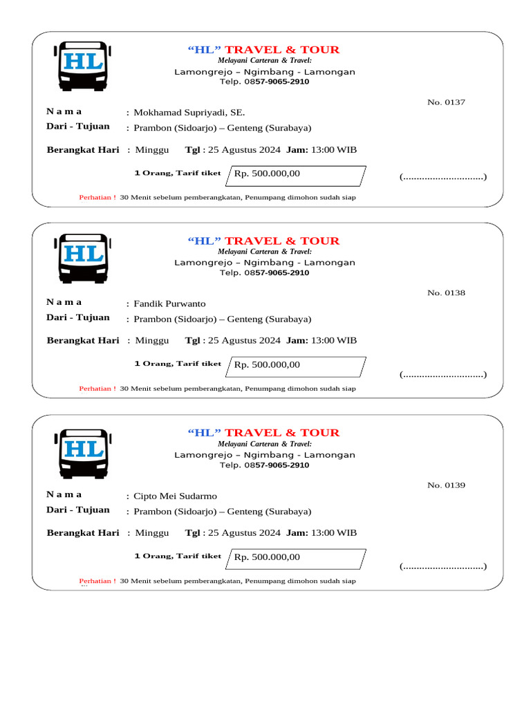 Nota Tiket Travel Mobil HL Travel | PDF