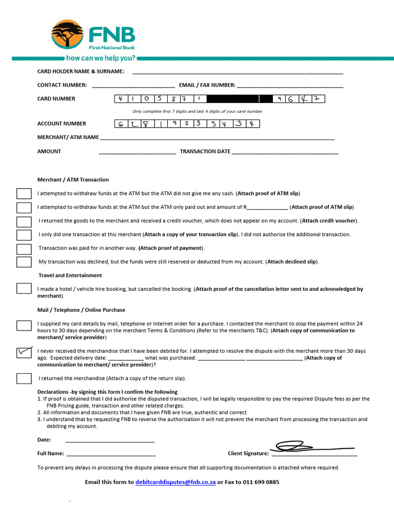 FNB Debit Card Dispute Form | PDF | Automated Teller Machine | Credit Card