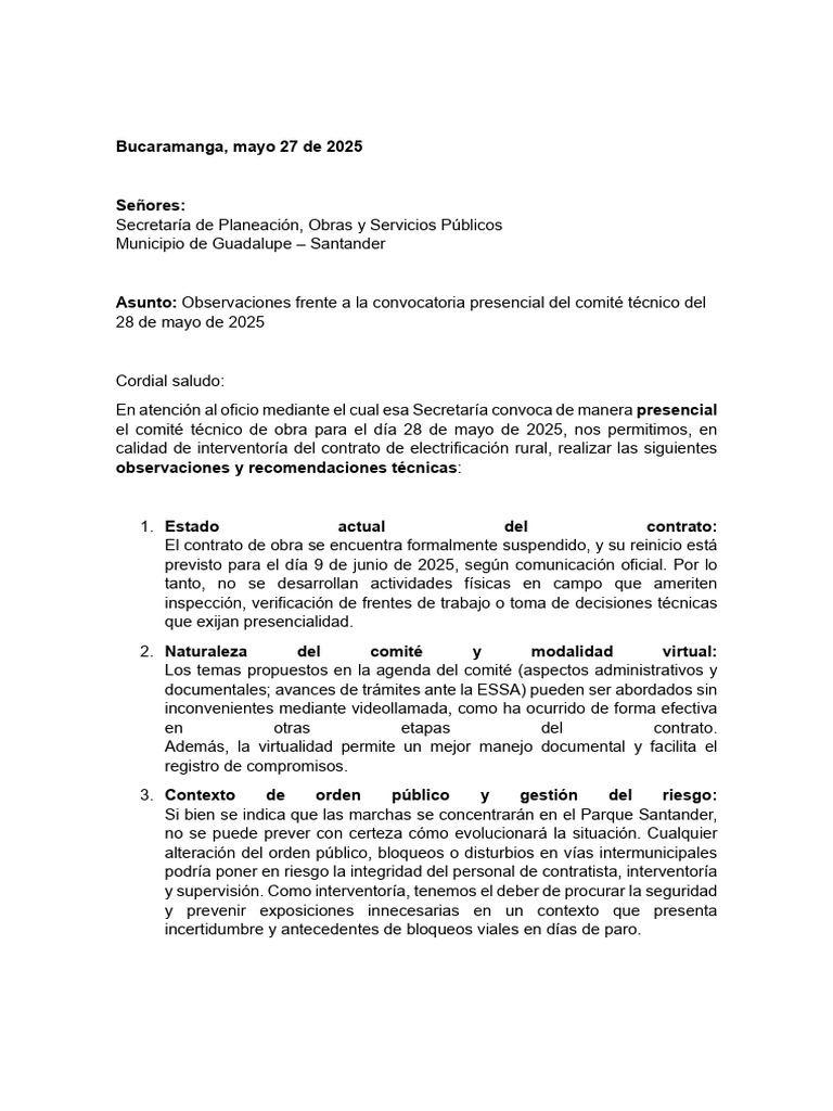 Oficio Interventoria Comite 28 05 2025 | PDF