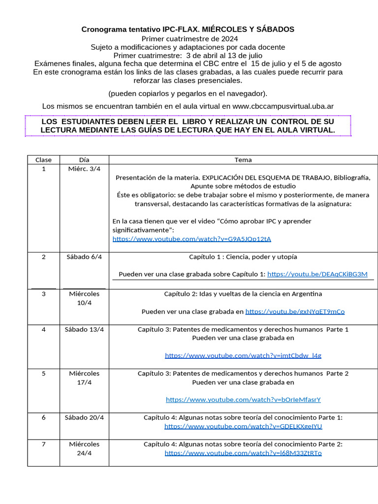 2024 Cronograma IPC Flax Primer Cuatrimestre Miércoles y Sábados | PDF