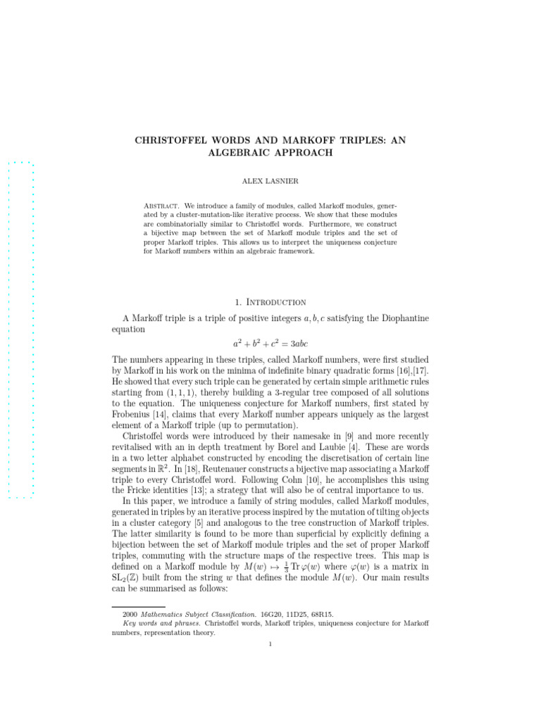 Christoffel Words and Markoff Triples - 1104.1799 | PDF | Functions And ...