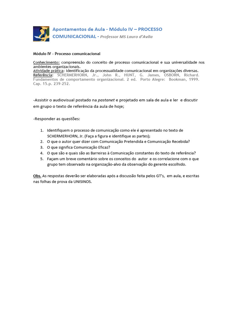 Apontamentos de Aula Modulo IV Processo Comunicacional | PDF
