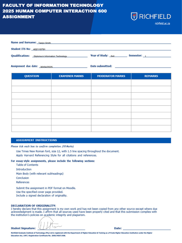 2025 Human Computer Interaction 600 Assignment | PDF | Usability | Human–Computer Interaction