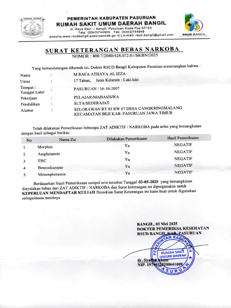 Rafa Surat Bebas Narkoba | PDF