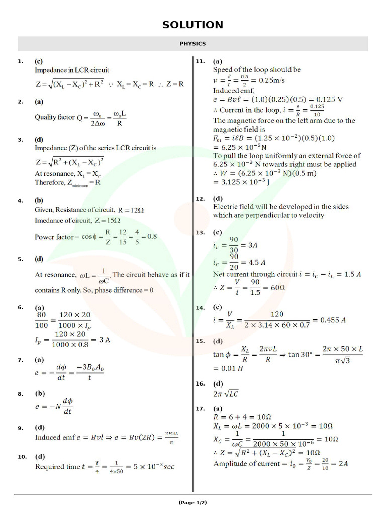 Alternating Current (Solution) | PDF