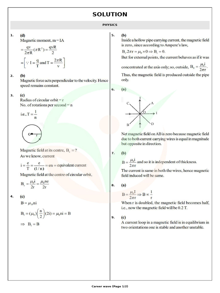 Moving Charges and Magnetism (Solution) | PDF