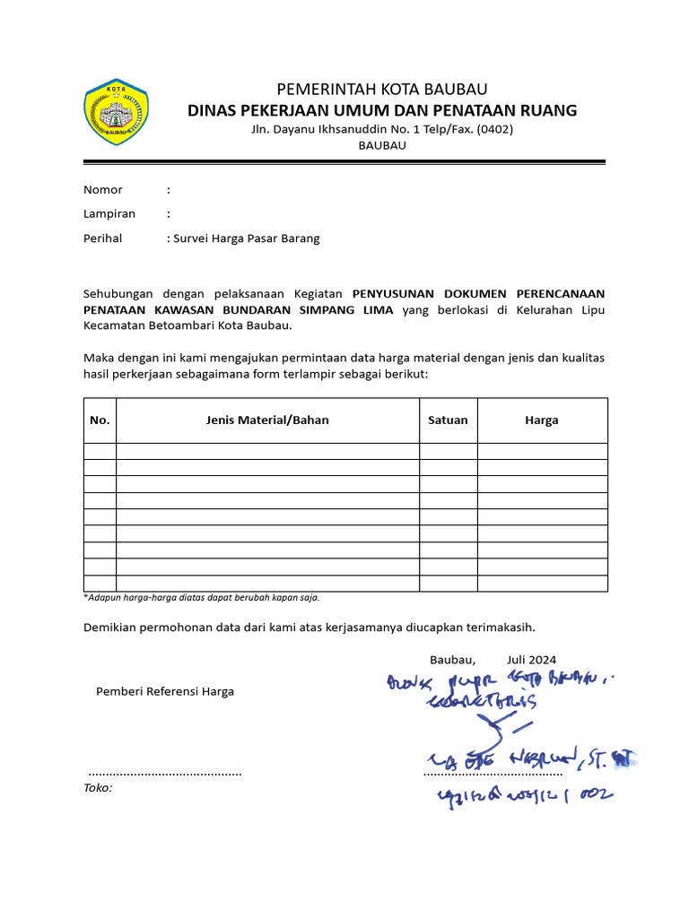 Surat Survey Harga Bahan | PDF