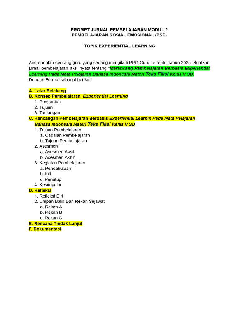 Prompt Jurnal Pembelajaran PPG Modul 2 - Experiential Learning | PDF