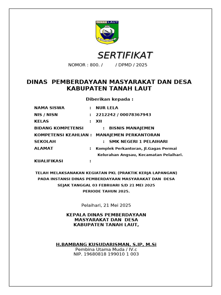 Piagam Sertifikat Magang 2025 | PDF